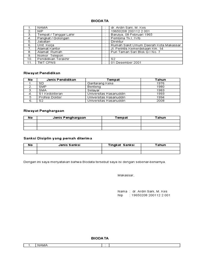 Format Biodata Satya Lencana | PDF