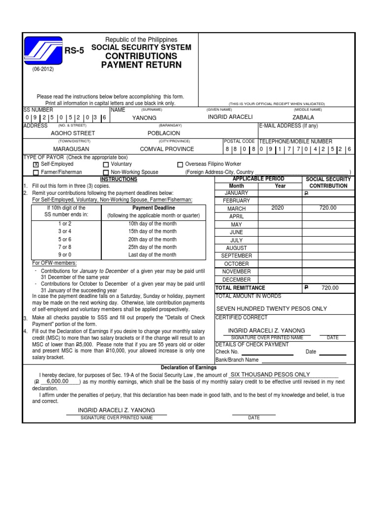 RS-5 Contributions Payment Return: Social Security System | PDF ...