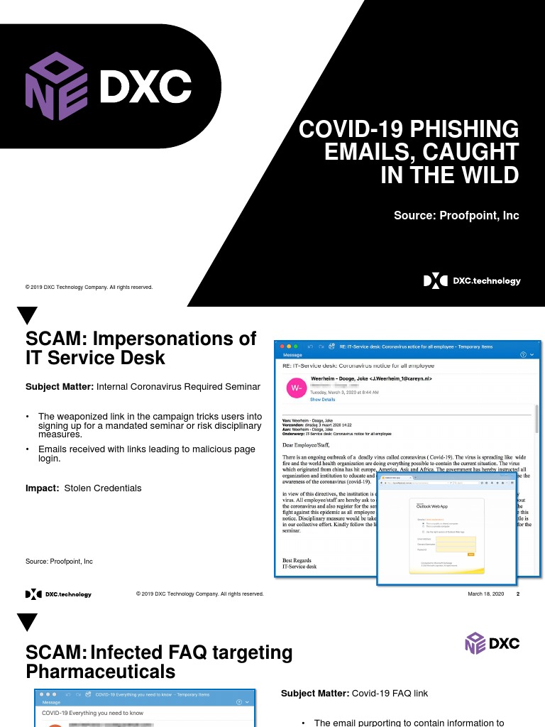 Covid-19 Phishing Emails, Caught in The Wild: Source: Proofpoint, Inc ...