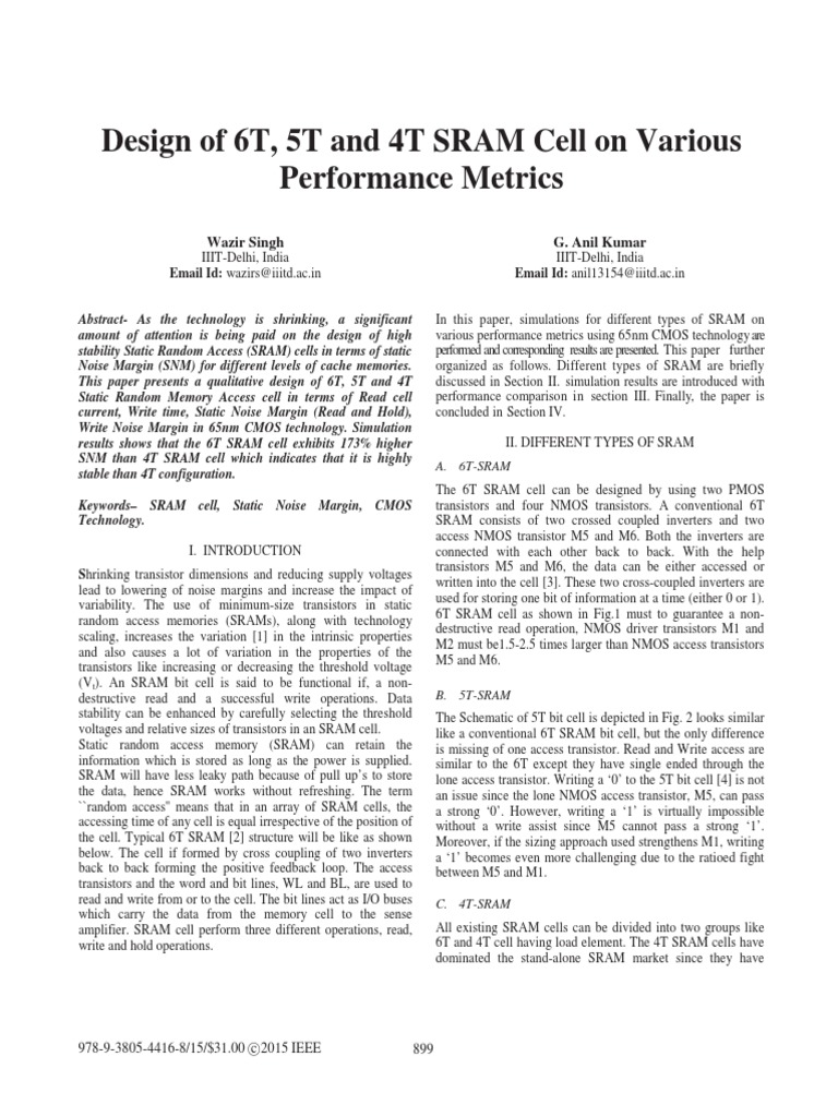 Design of 6T, 5T and 4T SRAM Cell On Various Performance Metrics | PDF | Electricity | Computer ...