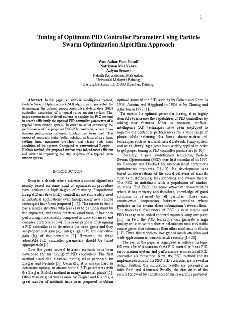 Optimizing Pid Controller Parameters For A Servo Motion System Using Particle Swarm Optimization