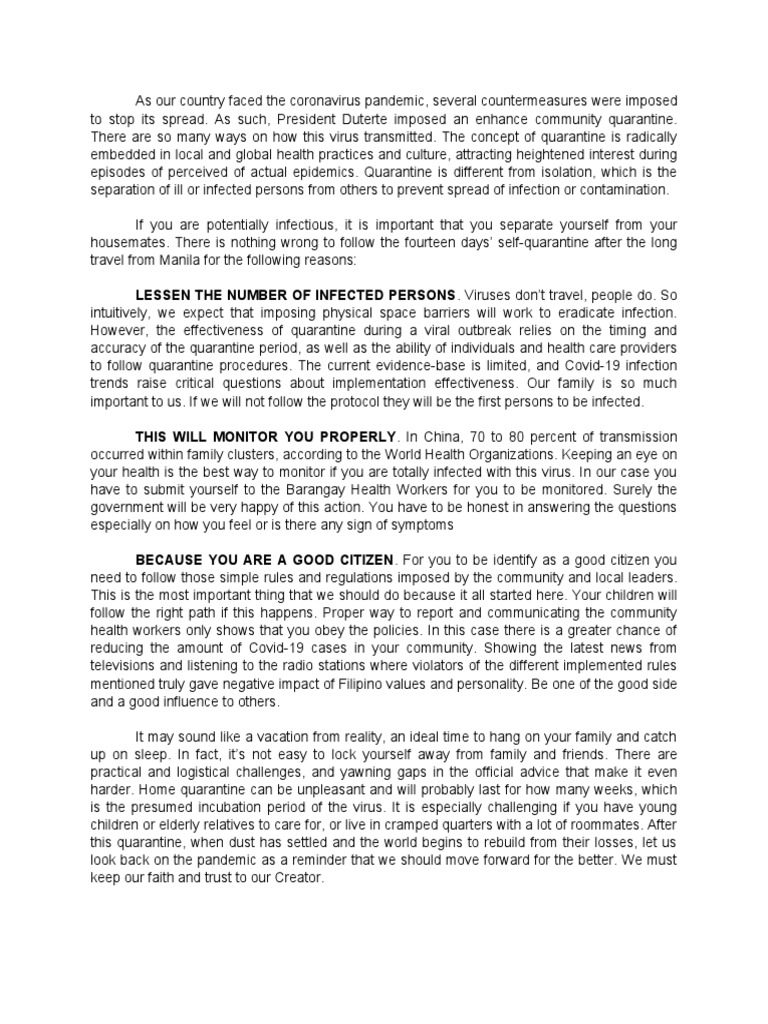 14 Days Self Quarantine Essay | PDF | Quarantine | Infection