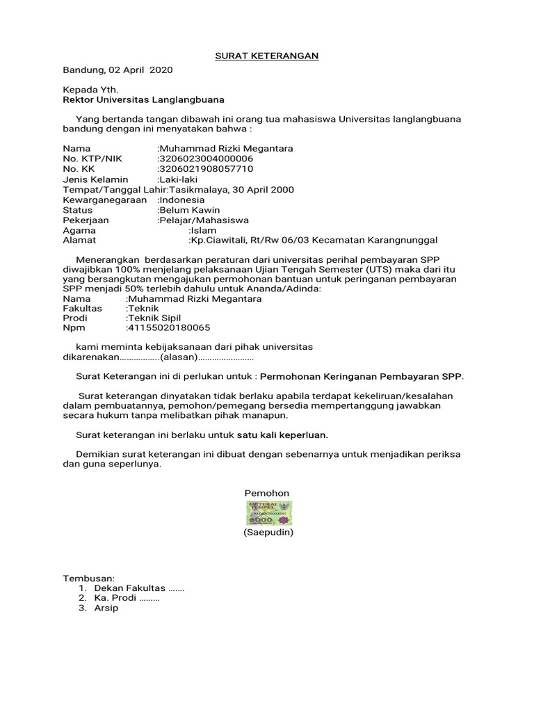 Contoh Surat Keringanan Pembayaran SPP | PDF