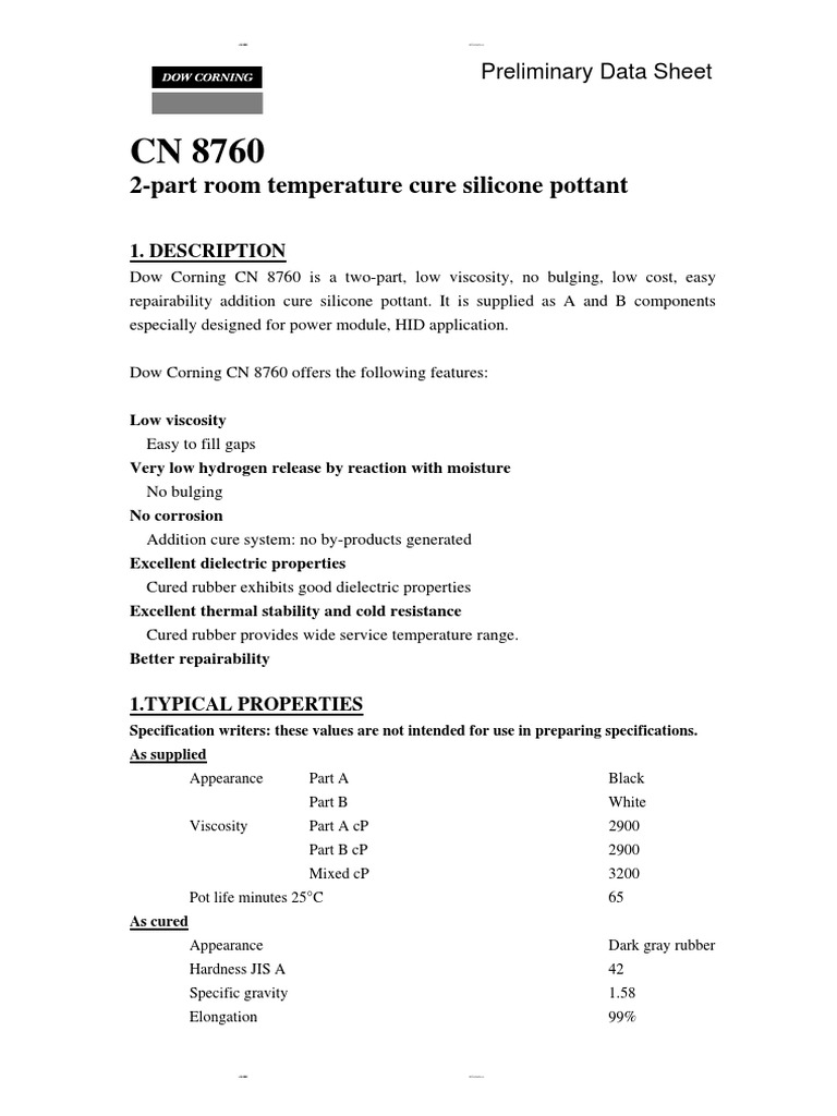 2-Part Room Temperature Cure Silicone Pottant: Preliminary Data Sheet ...