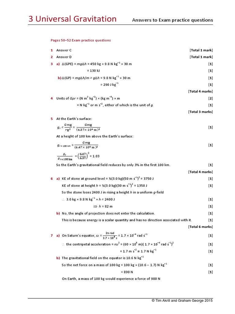 3 Universal Gravitation: Answers To Exam Practice Questions | PDF ...