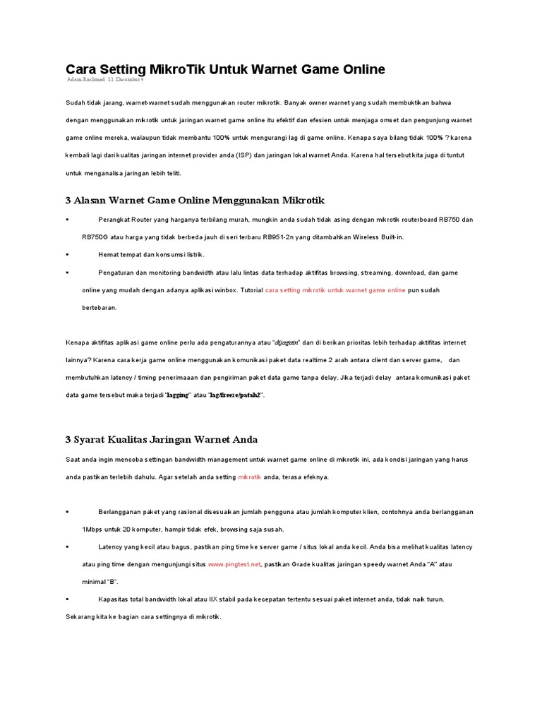 Cara Setting MikroTik Untuk Warnet Game Online | PDF