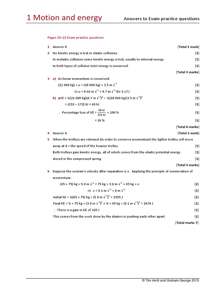 1 Motion and Energy: Answers To Exam Practice Questions | PDF ...