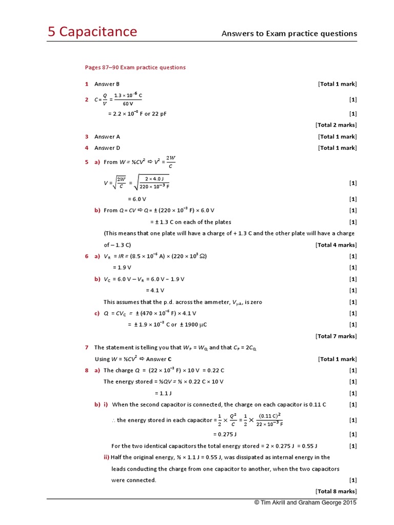 5 Capacitance: Answers To Exam Practice Questions | PDF | Capacitor ...