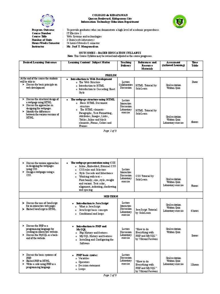 IT Elective 2 Web Systems and Technologies - Syllabus | PDF | Html ...