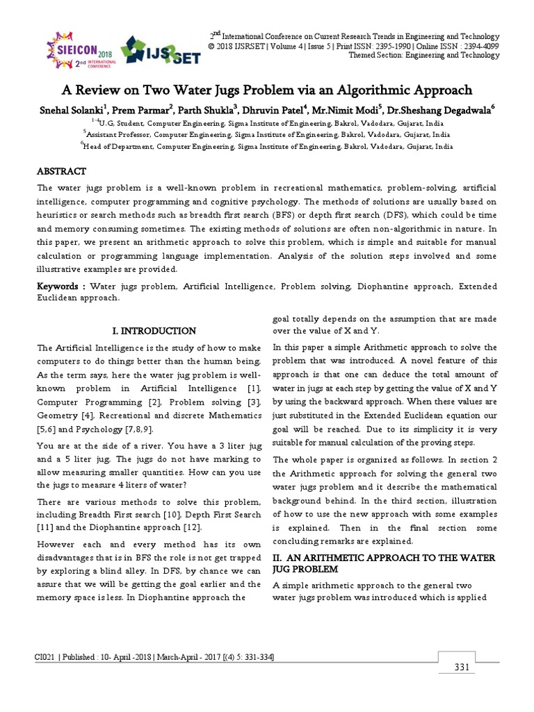A Review On Two Water Jugs Problem Via An Algorithmic Approach | PDF ...