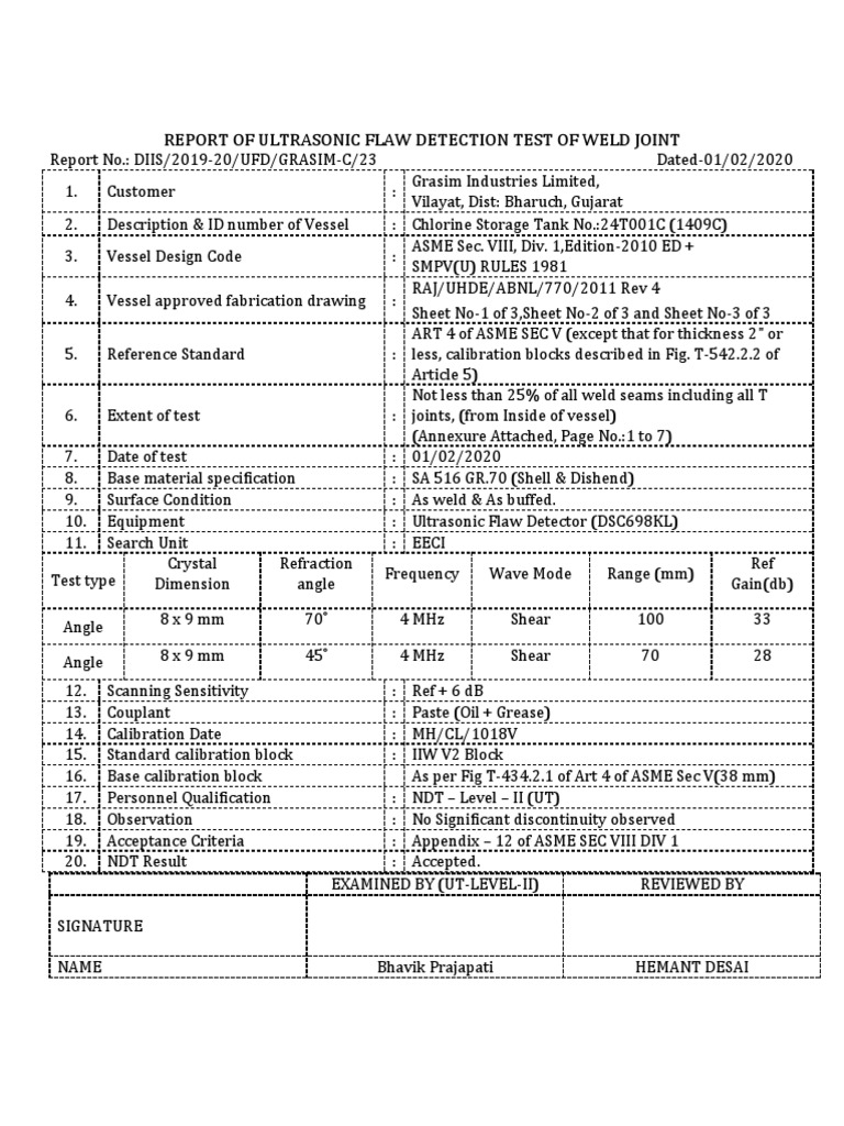 Report of Ultrasonic Flaw Detection Test of Weld Joint | PDF ...