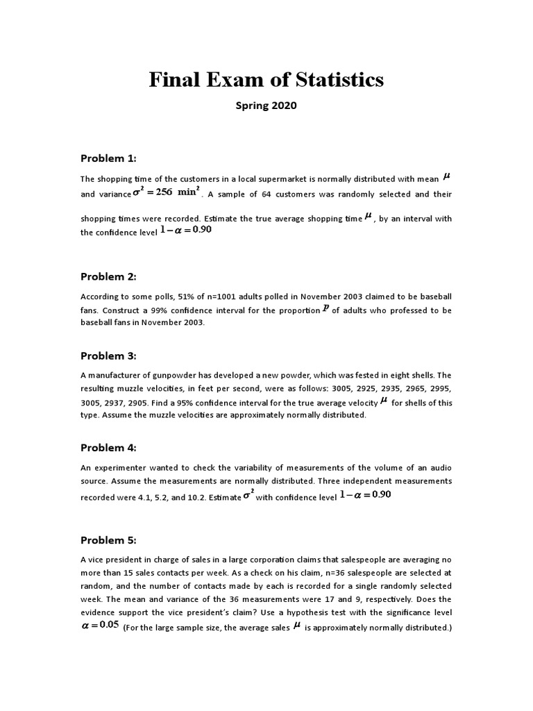 Statistics Final Exam Problems 2020 | PDF | P Value | Statistical ...