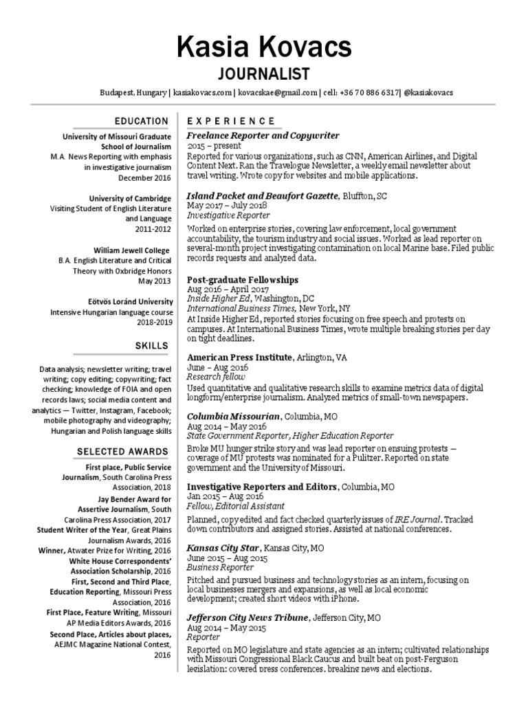 CV Kasia Kovacs | PDF | Journalism | Columbia University