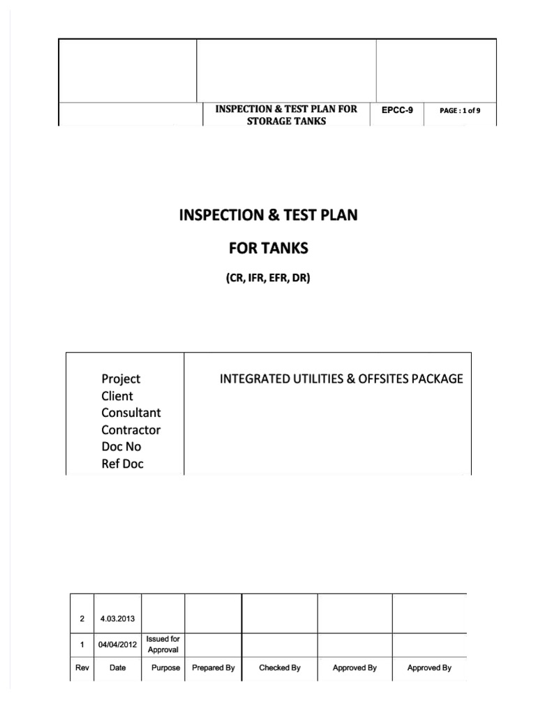 (PDF) 5 - TANK ITP - INSPECTION & TEST PLAN FOR TANKS - Docx - Compress ...