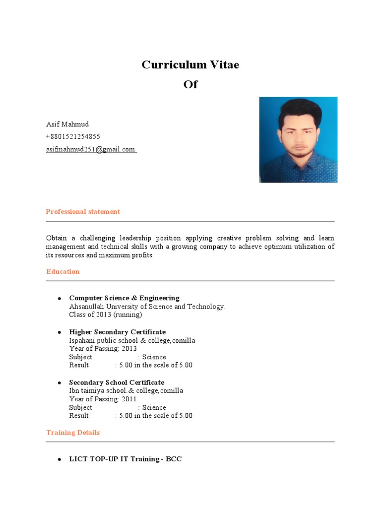 Curriculum Vitae Of: Asif Mahmud +8801521254855 | PDF | Computing | Computing And Information ...