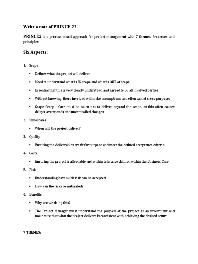 Write A Note of PRINCE 2? Prince2: 7 Themes | PDF | Project Management ...