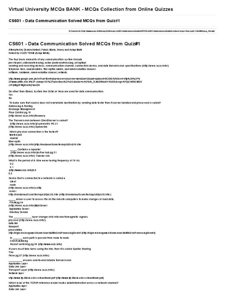 CS601 - Data Communication Solved MCQs From Quiz#1 | PDF | Network ...