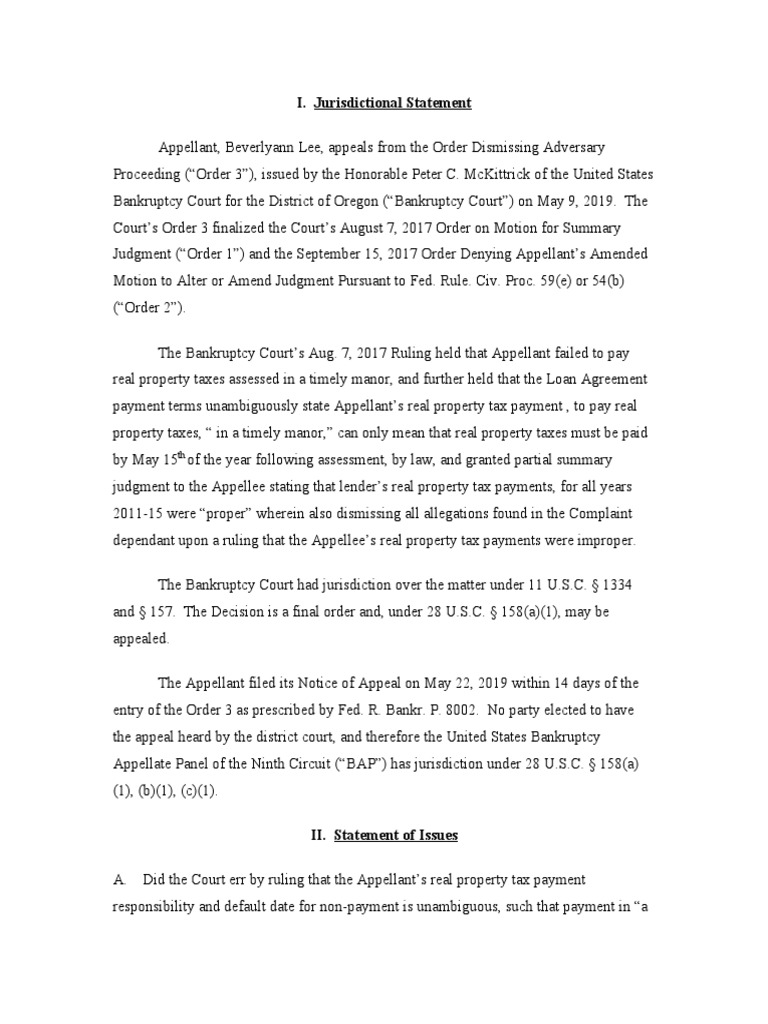 I. Jurisdictional Statement | Download Free PDF | Loans | Bankruptcy