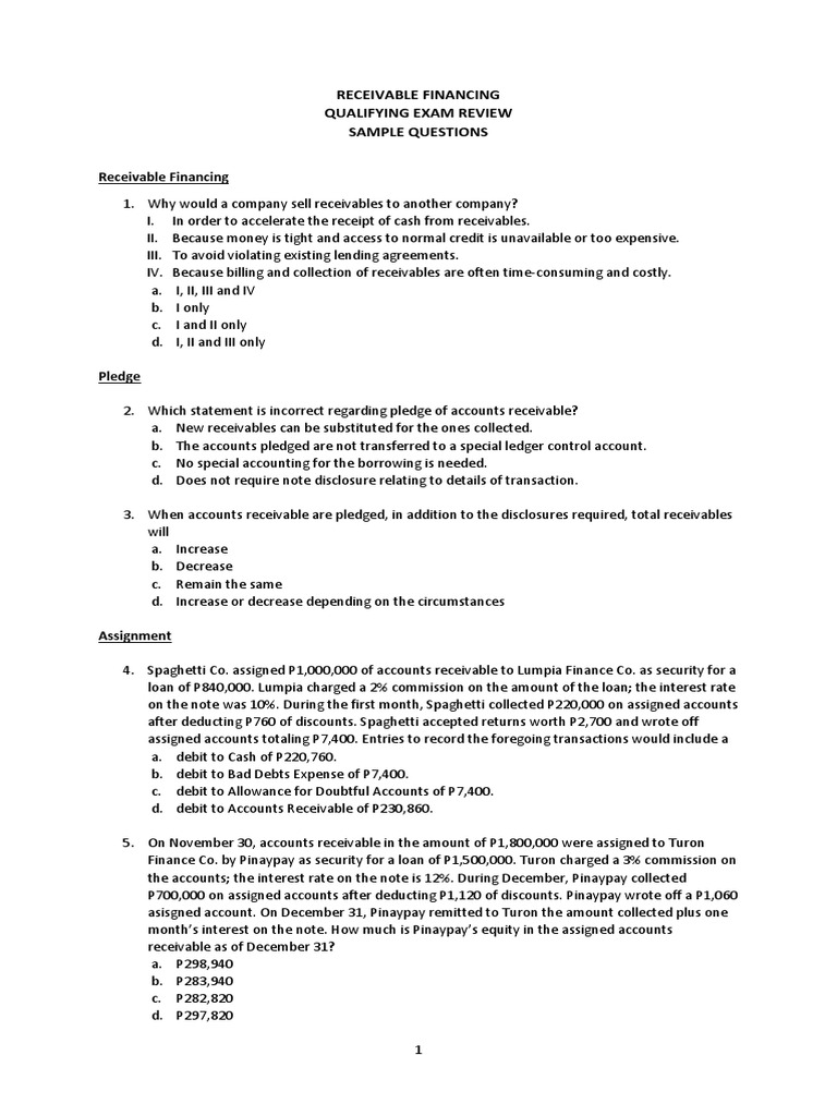 Receivable Financing Qualifying Exam Review Sample Questions | PDF ...