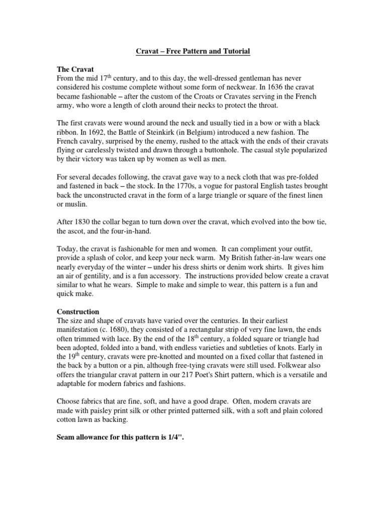 Cravat - Free Pattern and Tutorial The Cravat | PDF | Necktie | Seam ...