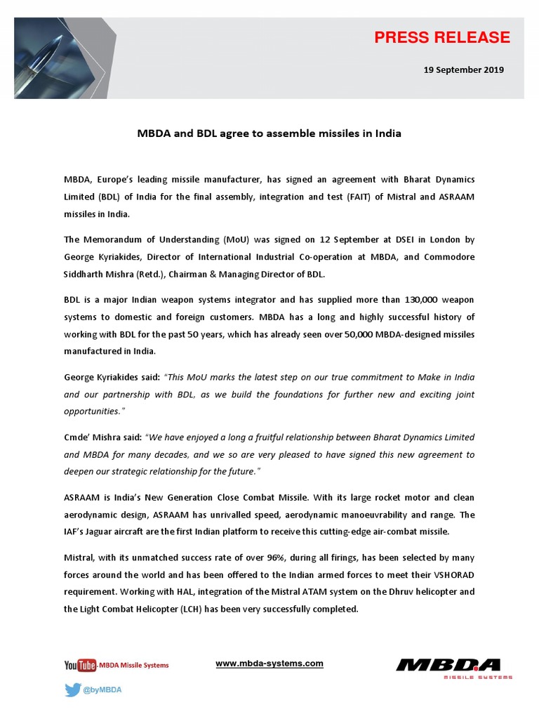 Press Release: MBDA and BDL Agree To Assemble Missiles in India | PDF ...