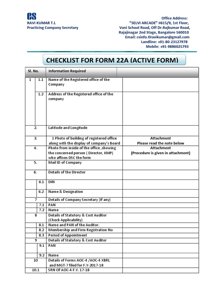 Checklist For Form 22A (Active Form) : Information Required Sl. No ...