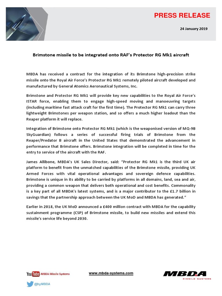 RAF to Integrate Brimstone Missile onto Protector RG Mk1 Aircraft for ...