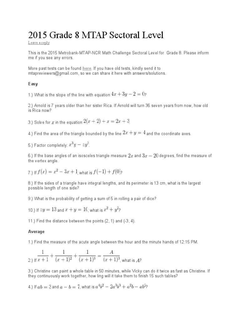 2015 Grade 8 MTAP Sectoral Level | PDF | Triangle | Area