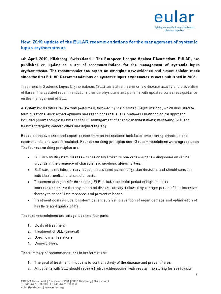 Eular Recommendation Sle Press Release 4 April 2019 PDF | PDF | Systemic Lupus Erythematosus ...