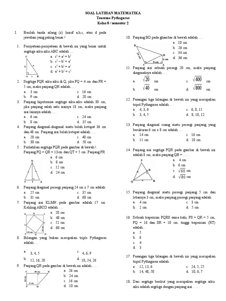 Soal Latihan Matematika Teorema Pythagoras Kelas 8 SMP | PDF