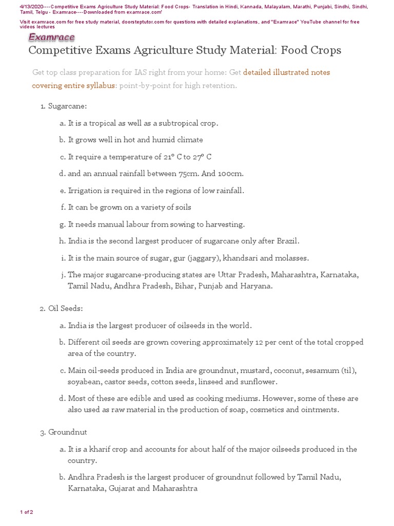 An Overview of Major Food Crops in India such as Sugarcane, Oilseeds ...