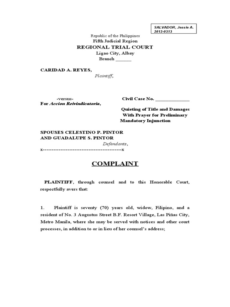 Complaint Sample Reivindi | PDF | Complaint | Damages