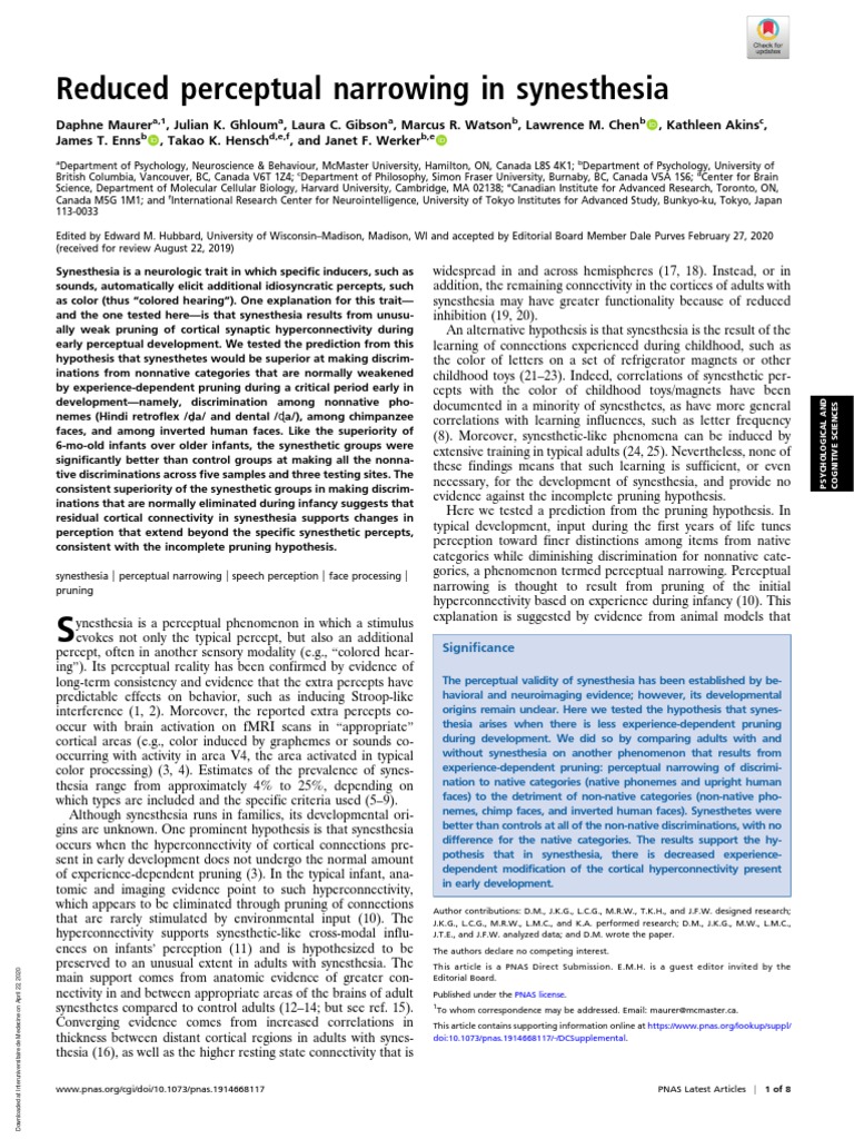 Synesthesia and Reduced Perceptual Narrowing | PDF | Neuroplasticity ...