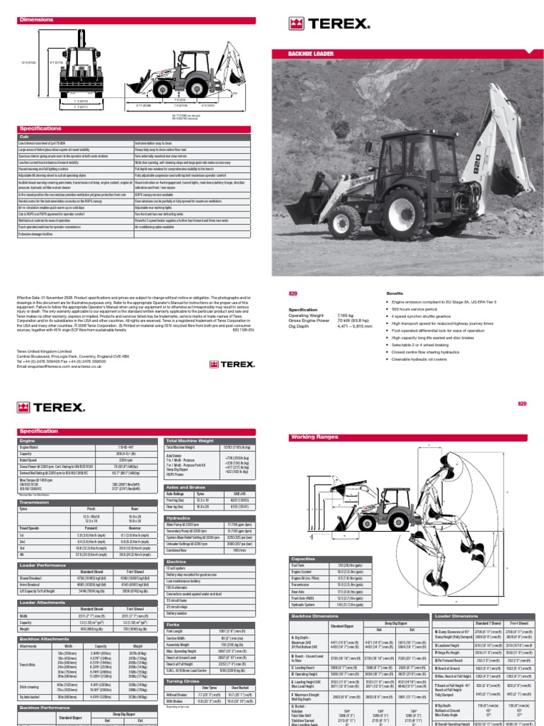Terex 820 Backhoe Loader TechSheet PDF | PDF | Horsepower | Loader ...