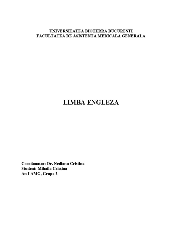Limba Engleza: Universitatea Bioterra Bucuresti Facultatea de Asistenta ...
