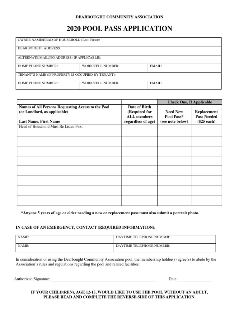 2020 Pool Pass Application: Head of Household Must Be Listed First ...