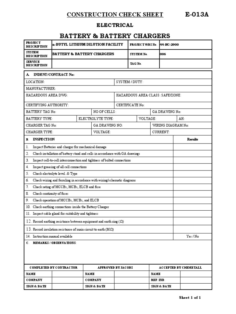 Construction Check Sheet Battery & Battery Chargers E-013A: Electrical ...