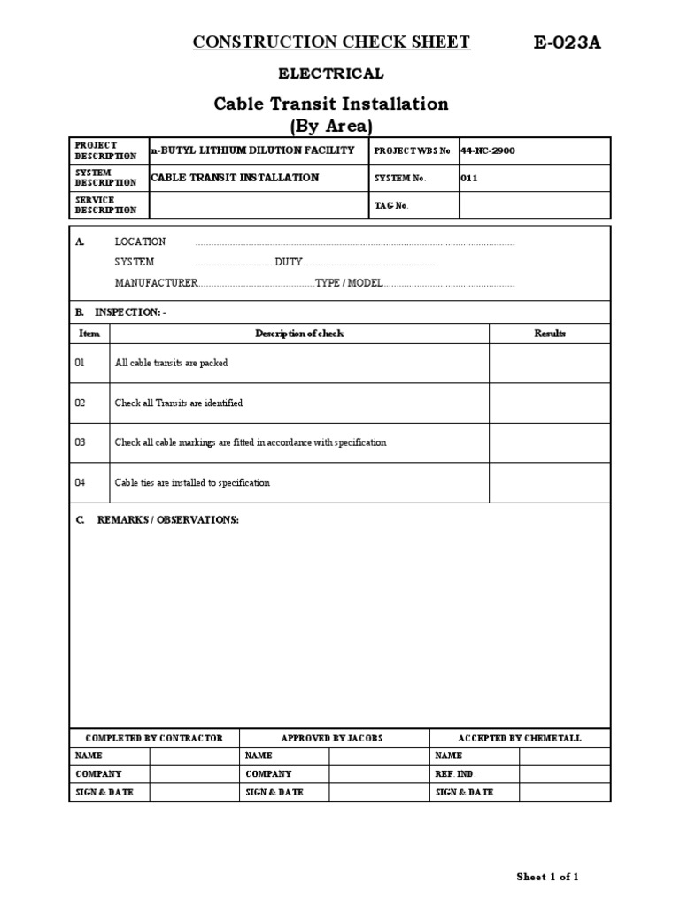 Construction Check Sheet Cable Transit Installation (By Area) E-023A | PDF