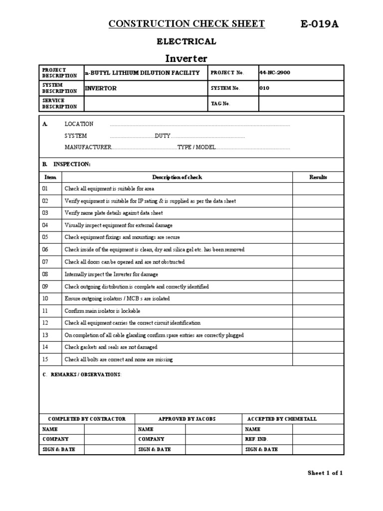 Construction Check Sheet Inverter E-019A: Electrical | PDF ...