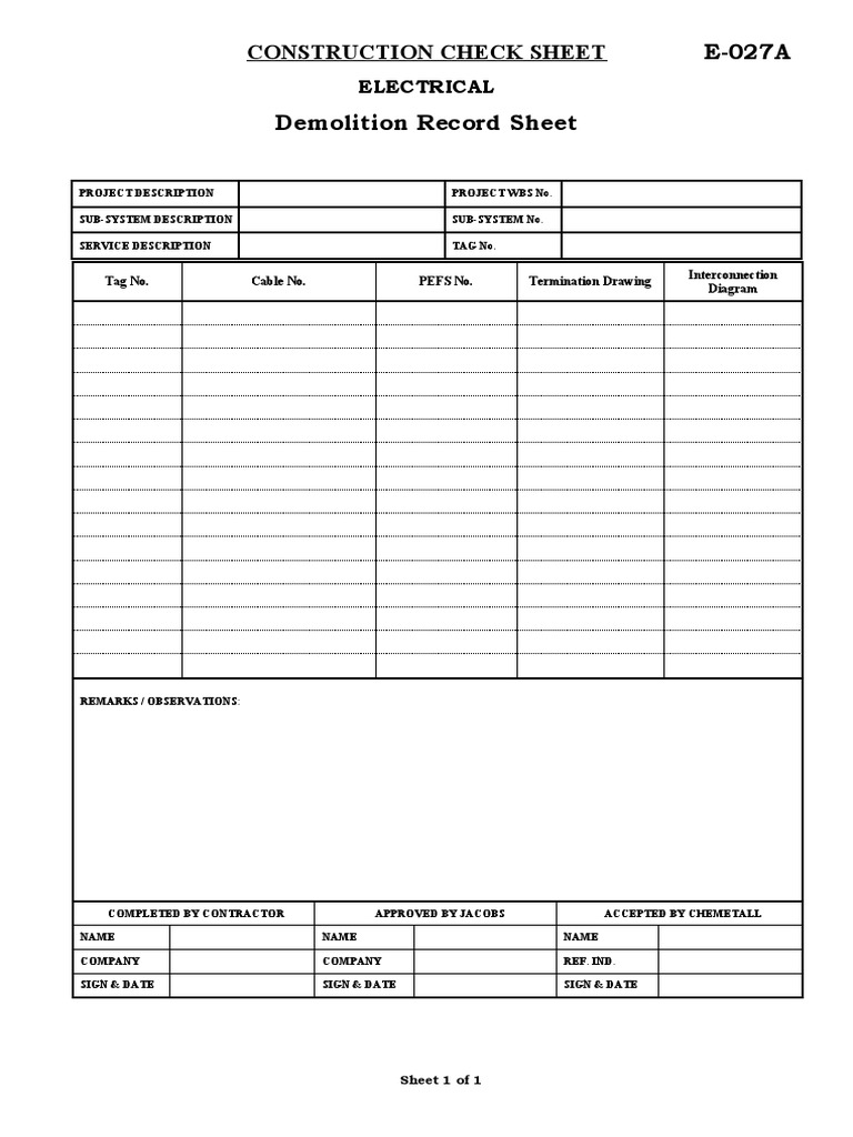 Construction Check Sheet Demolition Record Sheet E-027A: Electrical | PDF