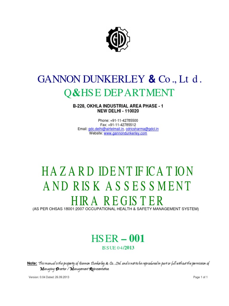 GDCL Hazard Identification and Risk Assessment Hira Register Part I PDF ...