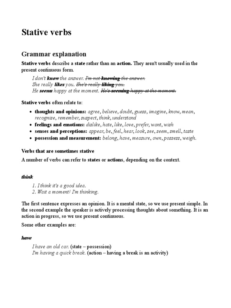 Stative Verbs: Grammar Explanation | PDF