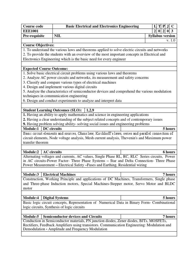 EEE1001 Basic Electrical and Electronics Engineering | PDF | Electrical Network | Electronic ...
