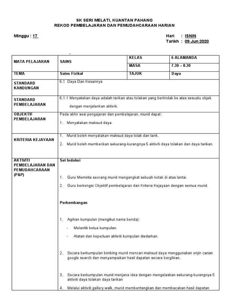 Contoh RPH LENGKAP TS25 - SAINS TAHUN 6 | PDF