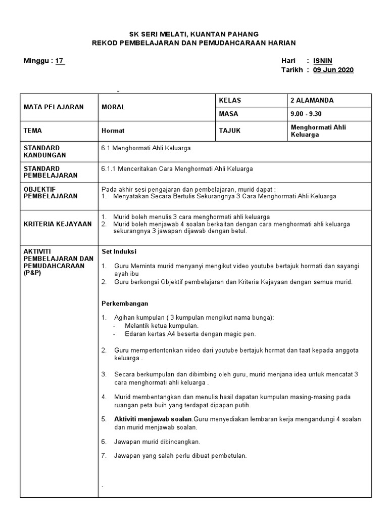 Contoh RPH LENGKAP TS25 - MORAL THN 2 | PDF