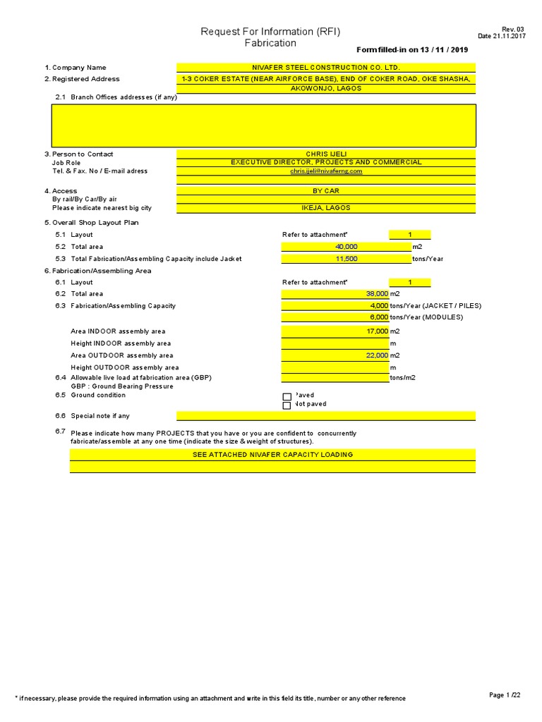 Nivafer Steel Fabrication RFI Details | PDF | Metal Fabrication | Pipe ...