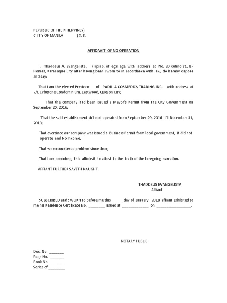 Affidavit of NO OPERATION 2019