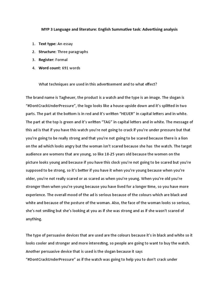 MYP 3 Language and Literature: English Summative Task: Advertising ...
