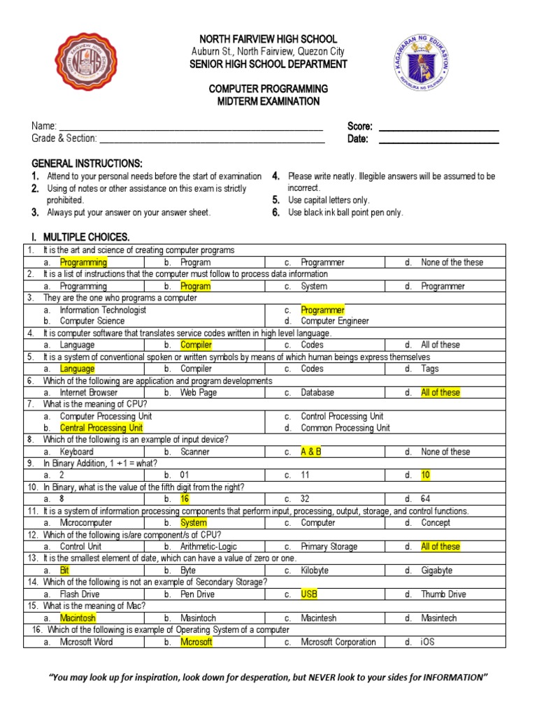 Computer Programming Mcq With Answers Pdf Computer Program Programming