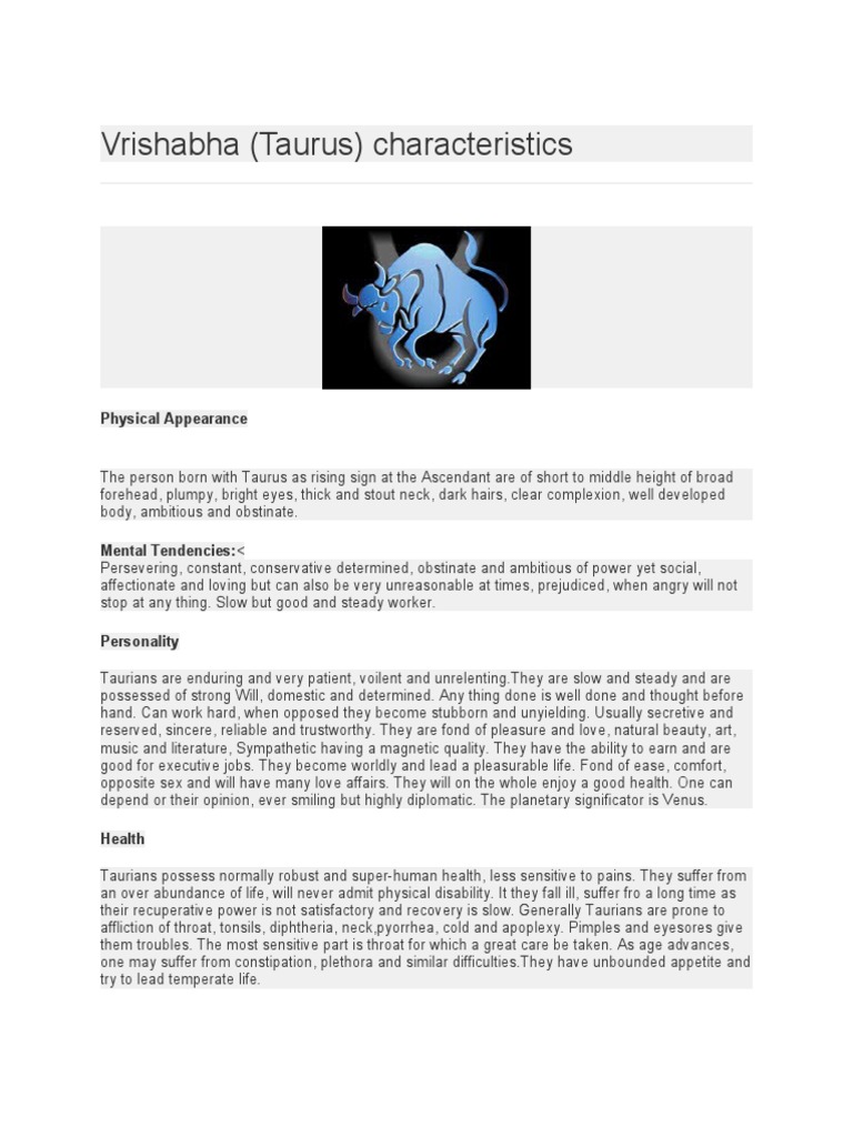 Vrishabha (Taurus) Characteristics: Physical Appearance | PDF